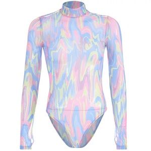 Tops | Colorful Trippy Long Sleeve Sheer Bodysuit | Poshmark